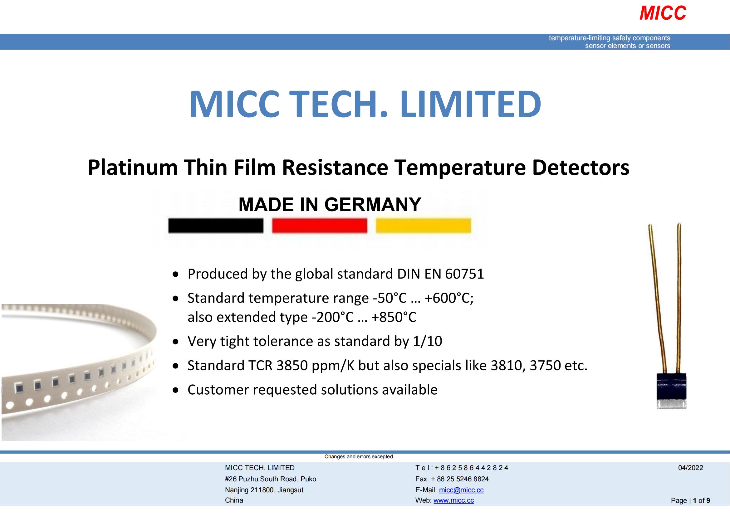 MICC Platinum Thin Film Resistance Temperature Detectors With ...